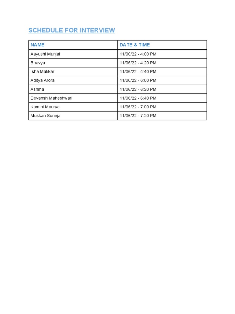 Schedule For Interview: Name Date & Time | PDF | Sports & Recreation ...