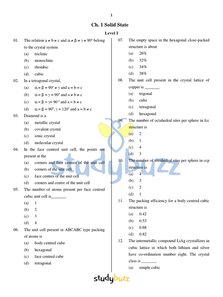 Solid State Crystal Structure MCQs | PDF | Crystal Structure | Crystal