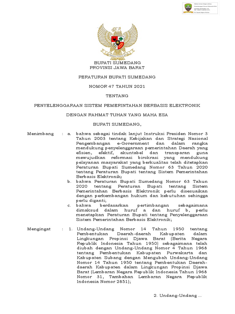 PERBUP Nomor 47 Tahun 2021 | PDF