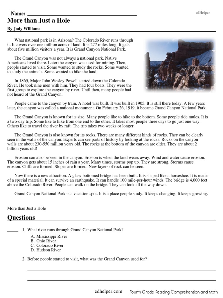 4th Grade Reading Comprehension Worksheets | PDF | Grand Canyon