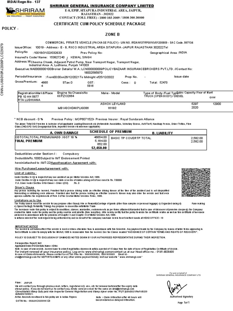 Policy Certificate for Commercial Vehicle Insurance Providing Coverage ...