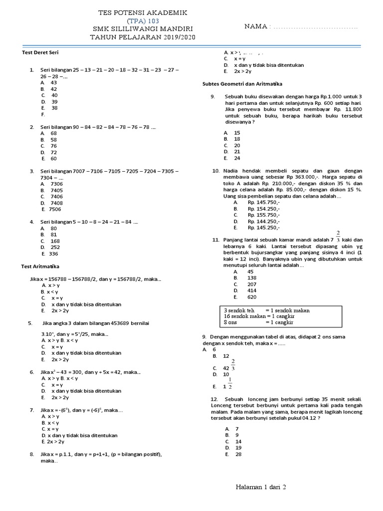 Contoh Soal Tes Masuk SMK | PDF