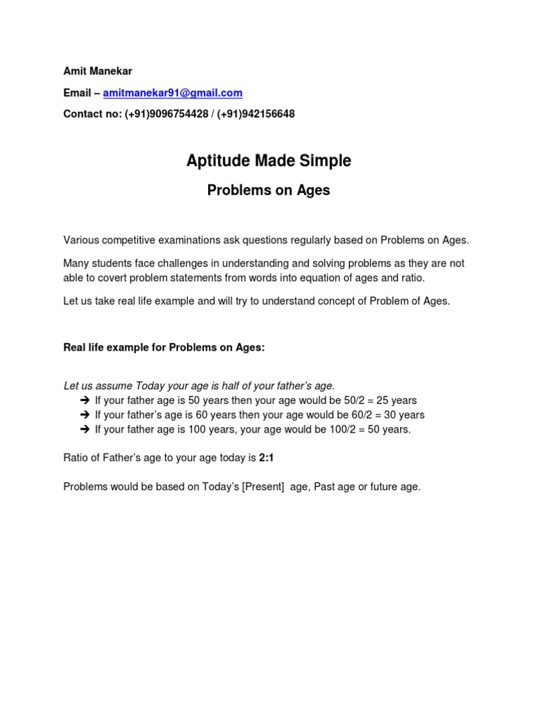 Aptitude Made Simple: Problems On Ages | PDF | Equations | Mathematics