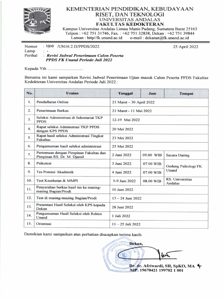 Revisi Jadwal Penerimaan PPDS Juli 2022 | PDF