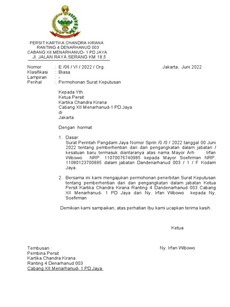 Permohonan Surat Keputusan Persit | PDF