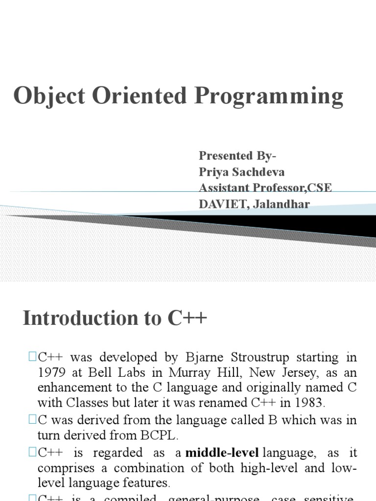 Object Oriented Programming: Presented By-Priya Sachdeva Assistant ...