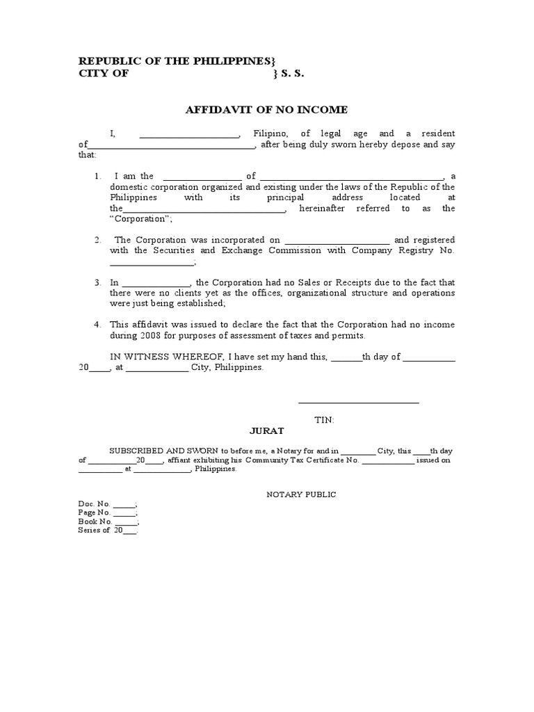 Affidavit of No Income Template | PDF | Business | Law