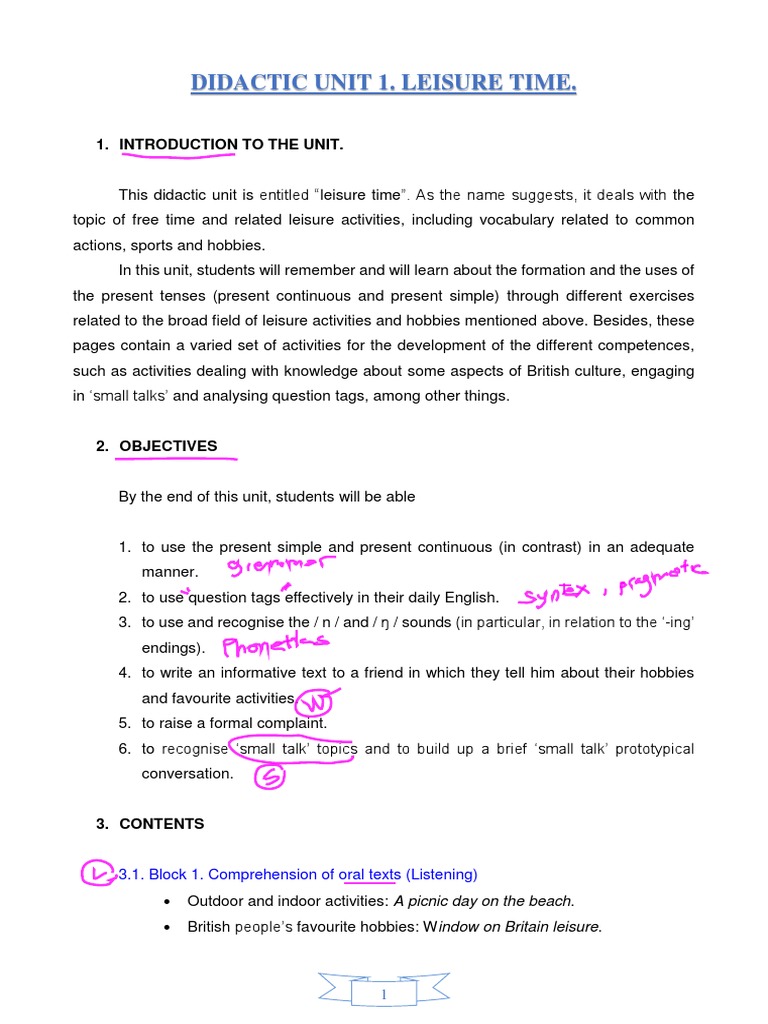 Didactic Unit 1. Leisure Time.: 1. Introduction To The Unit | PDF | Reading Comprehension ...