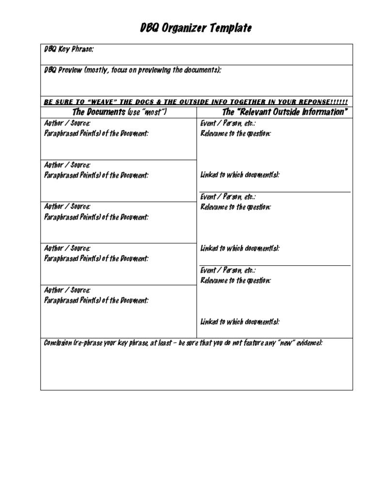 DBQ Organizer Template: The Documents (Use "Most") The "Relevant ...