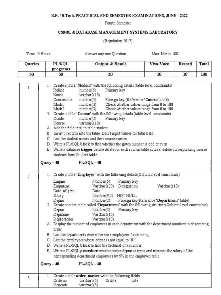 CS8481 - Set 2 - Annauniv | PDF | Pl/Sql | Table (Database)