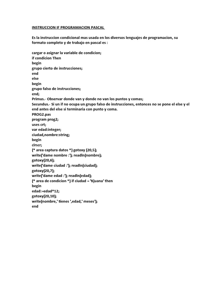 Instruccion If Programacion Pascal | PDF | Estructura de datos de matriz | Desarrollo de software