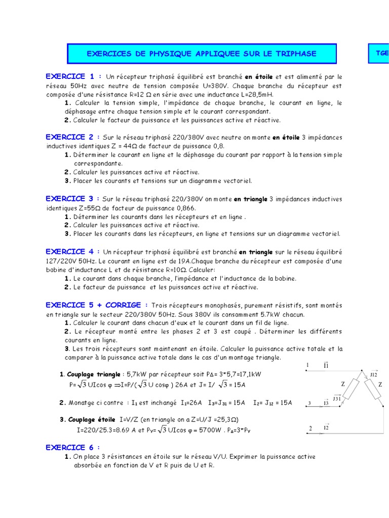 EXercices de Physique Appliquée Sur Le TRIPHASE | PDF | Puissance ...