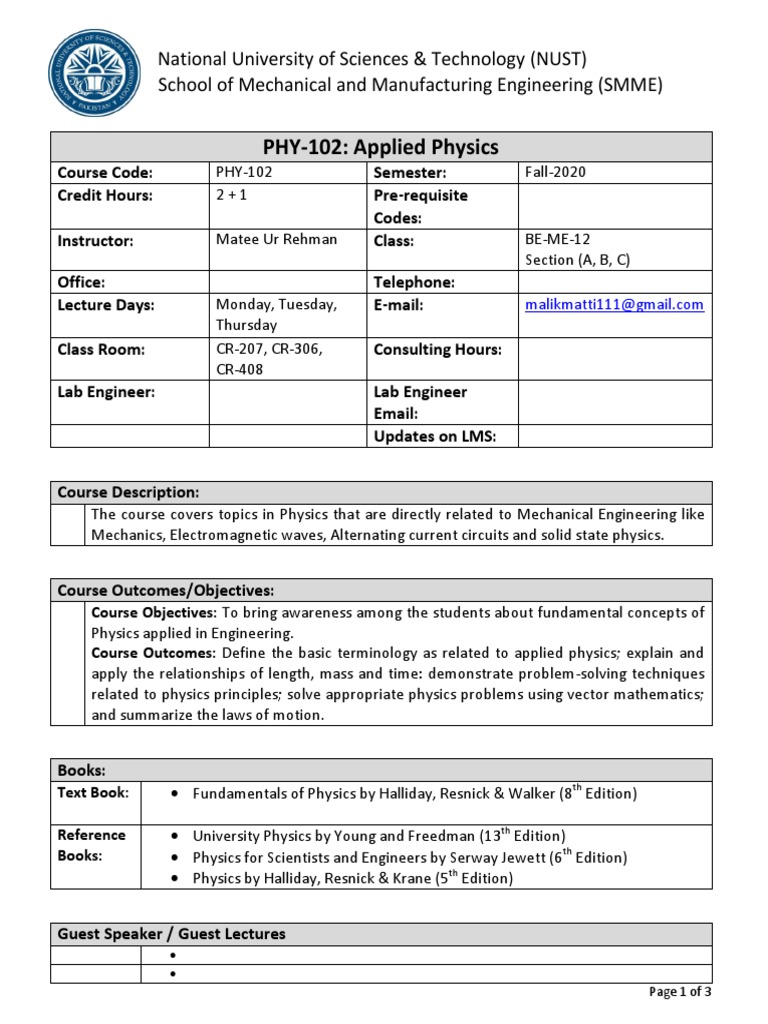 Applied Physics (PHY-102) Course Outline | PDF | Waves | P–N Junction