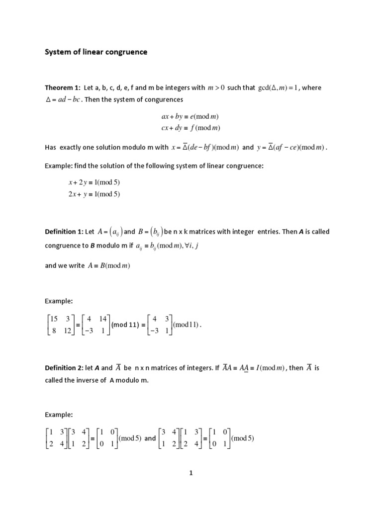 System of Linear Congruence: M M Ad BC | PDF | Matrix (Mathematics ...