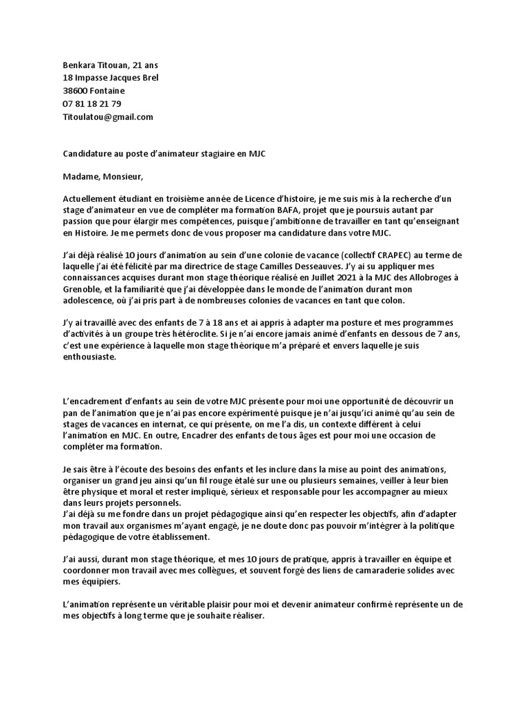 Lettre de Motivation Animation Stage | PDF | Évolution de carrière