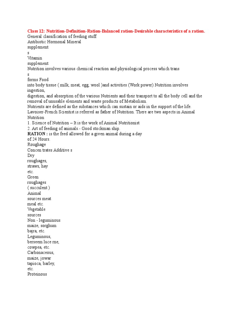 Class 12: Nutrition-Definition-Ration-Balanced Ration-Desirable ...