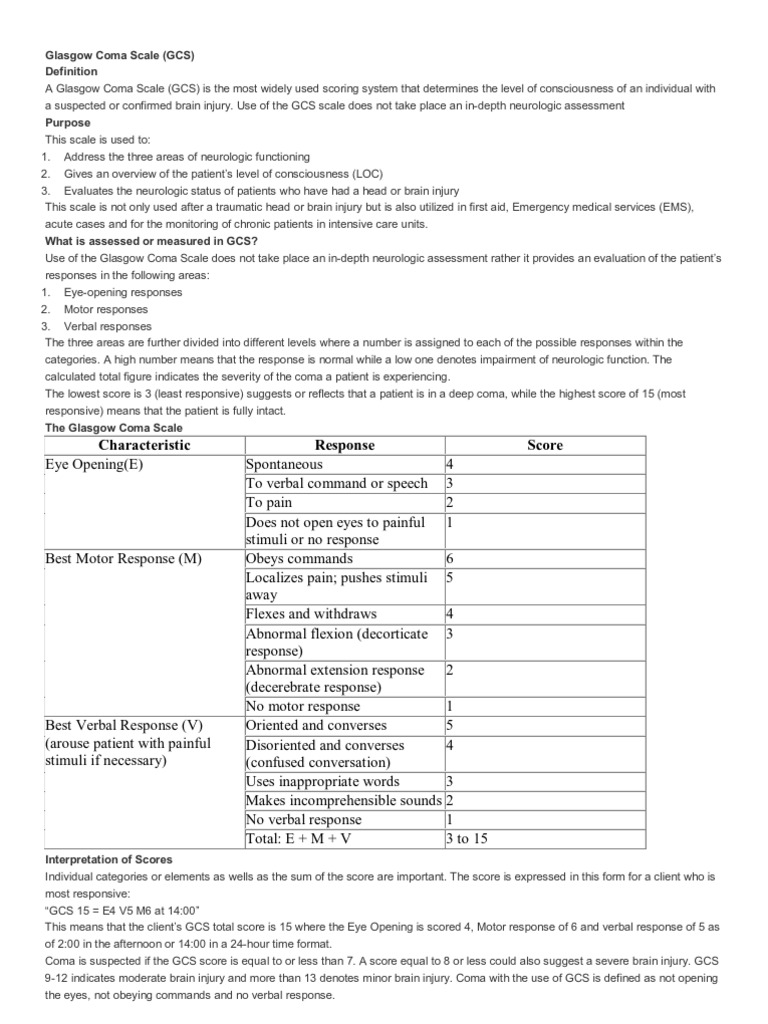 Glasgow Coma Scale | PDF | Coma | Diseases And Disorders