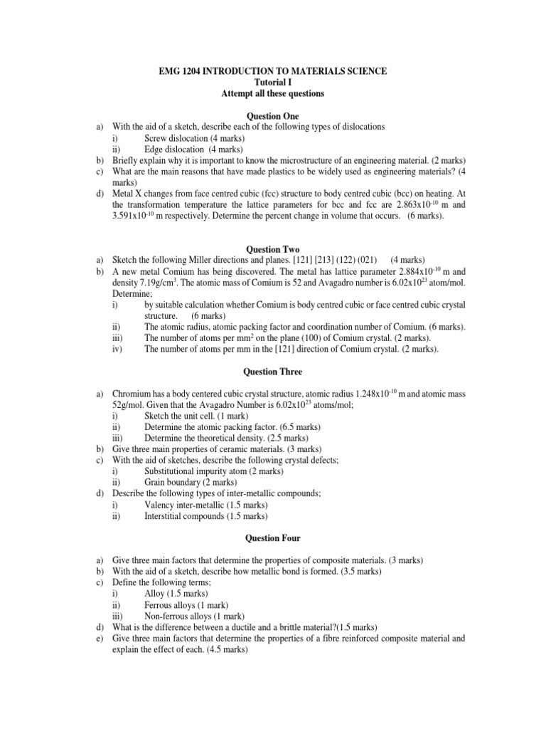 Emg 1204 Introduction To Materials Science Tutorial I Attempt All These ...