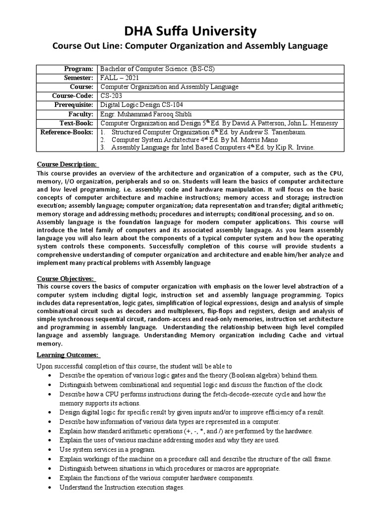 DHA Suffa University: Course Out Line: Computer Organization and Assembly Language | Download ...