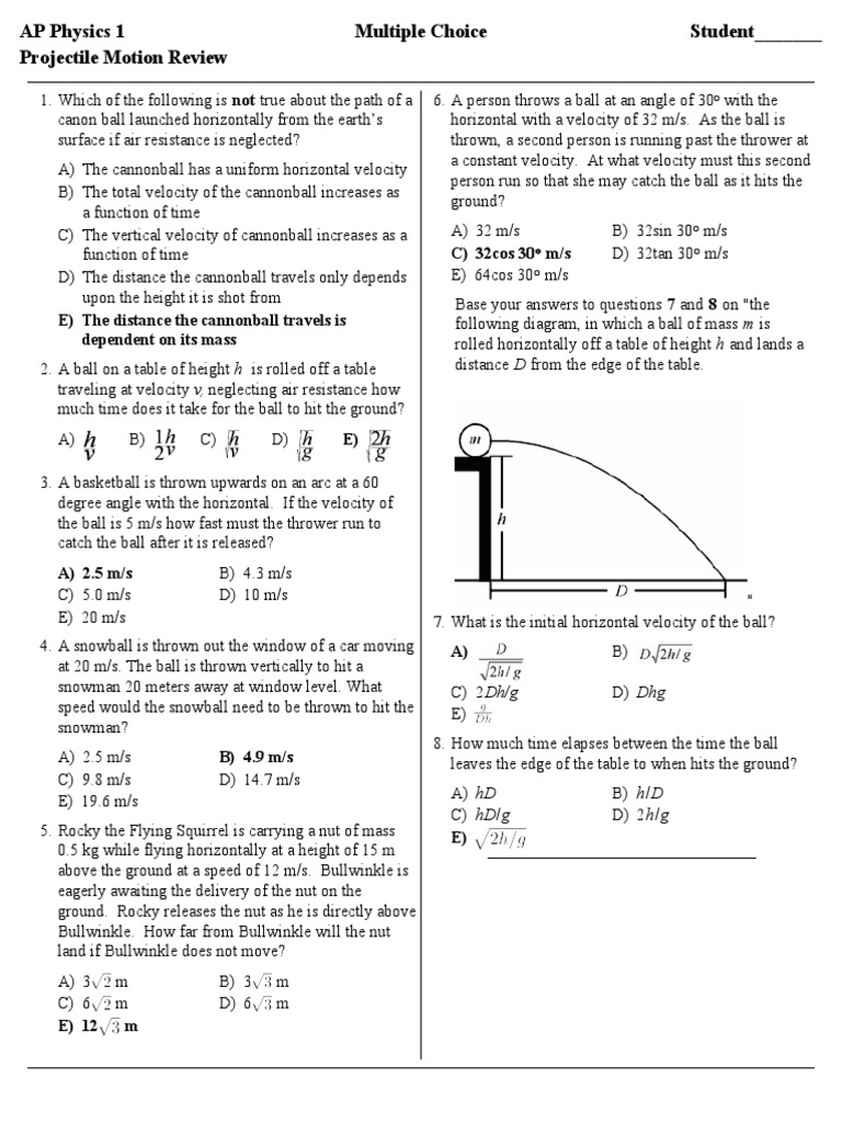 Projectile Motion Multiple Choice With Problem Kits | PDF | Projectiles ...