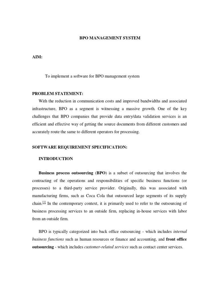 BPO Management System | PDF | Outsourcing | Use Case