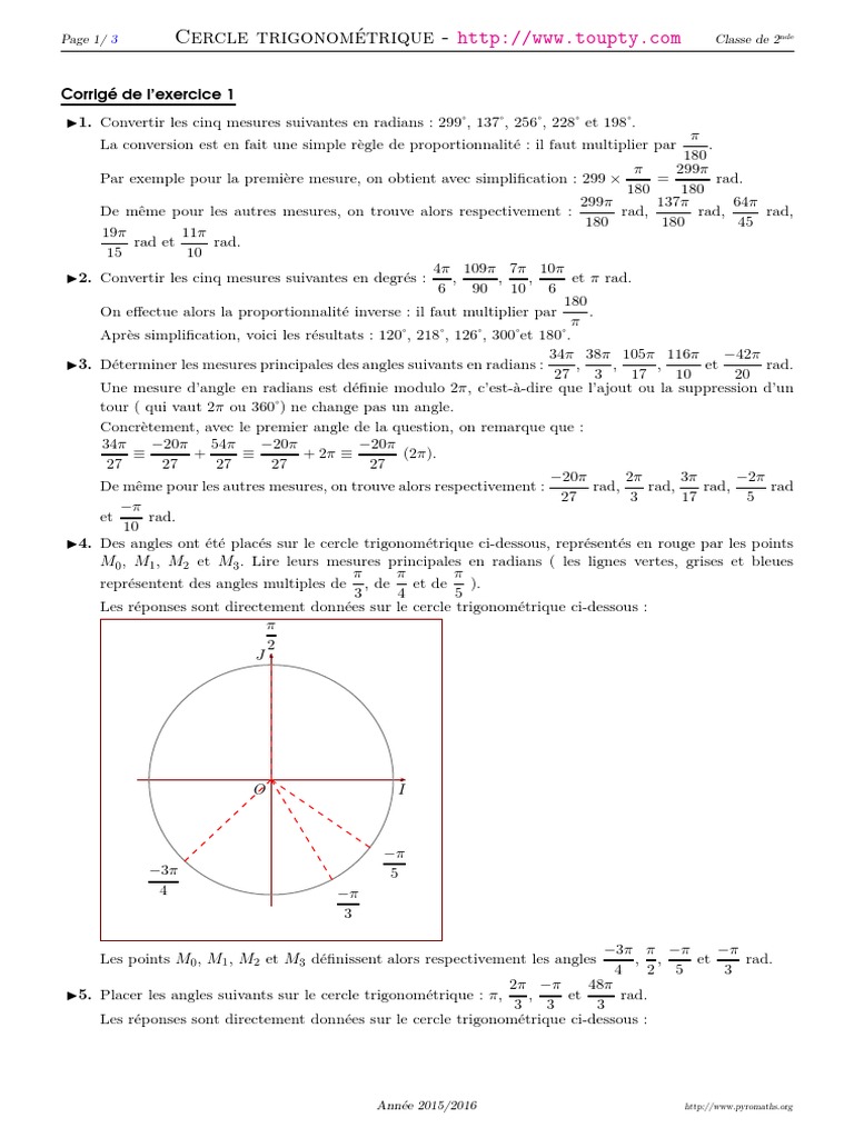 Cercle Trigonometrique Exercices Corriges 01 | PDF | Angle | Pi