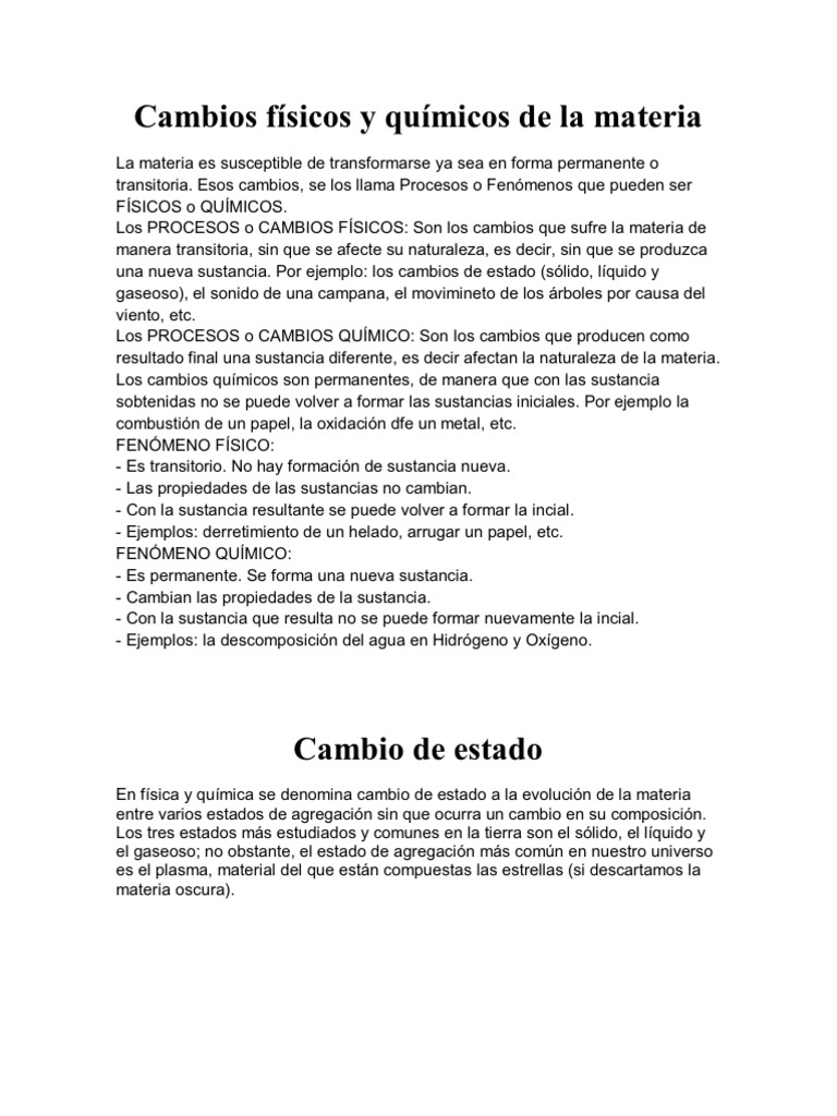Cambios Físicos y Químicos de La Materia | PDF | Ciencia y matemáticas