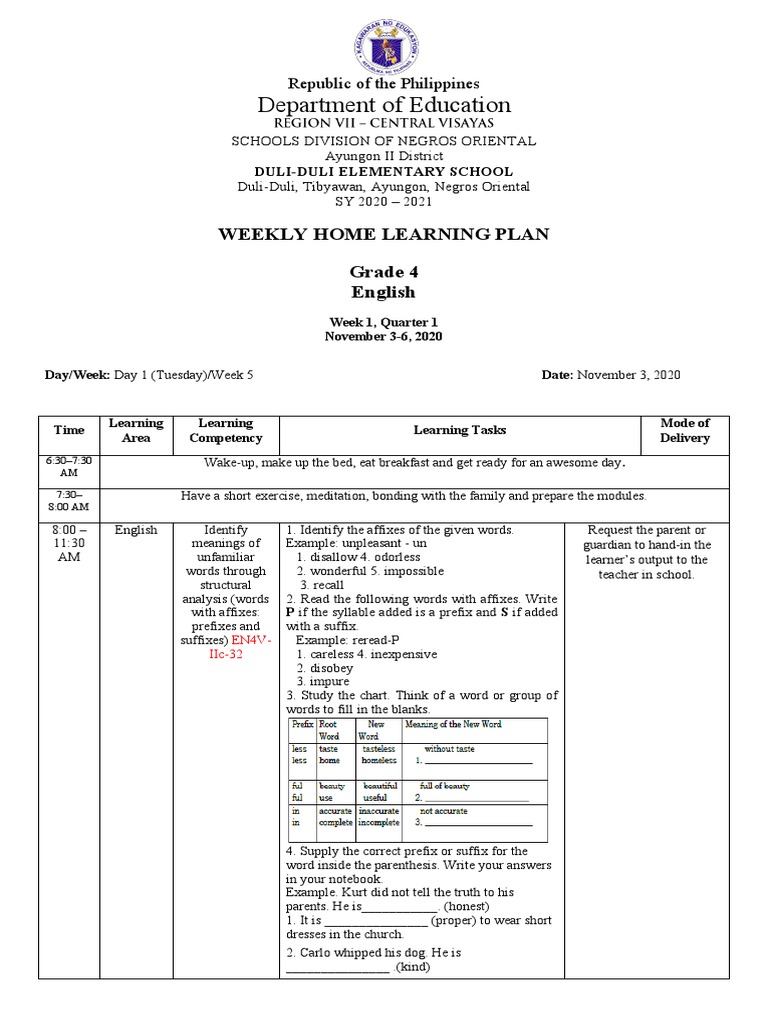 Department of Education: Weekly Home Learning Plan Grade 4 English ...
