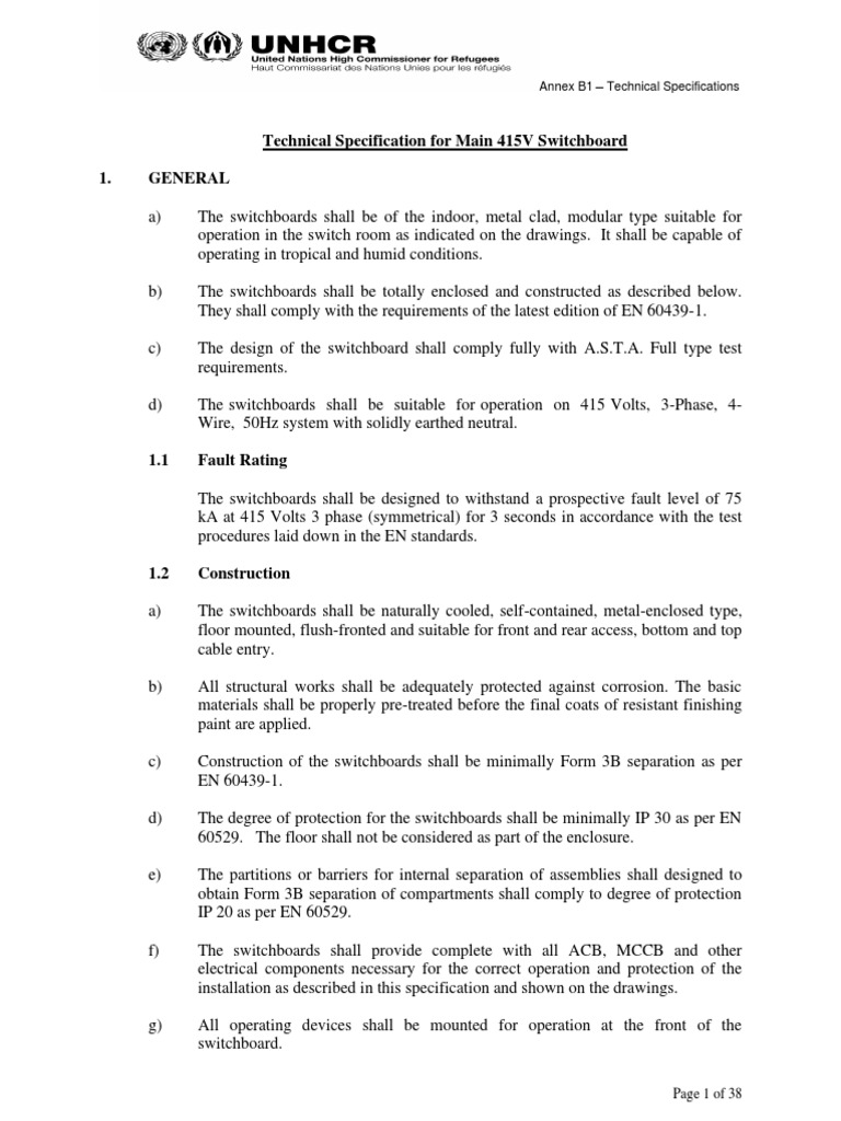 Technical Specification For Main 415V Switchboard 1. General | PDF ...