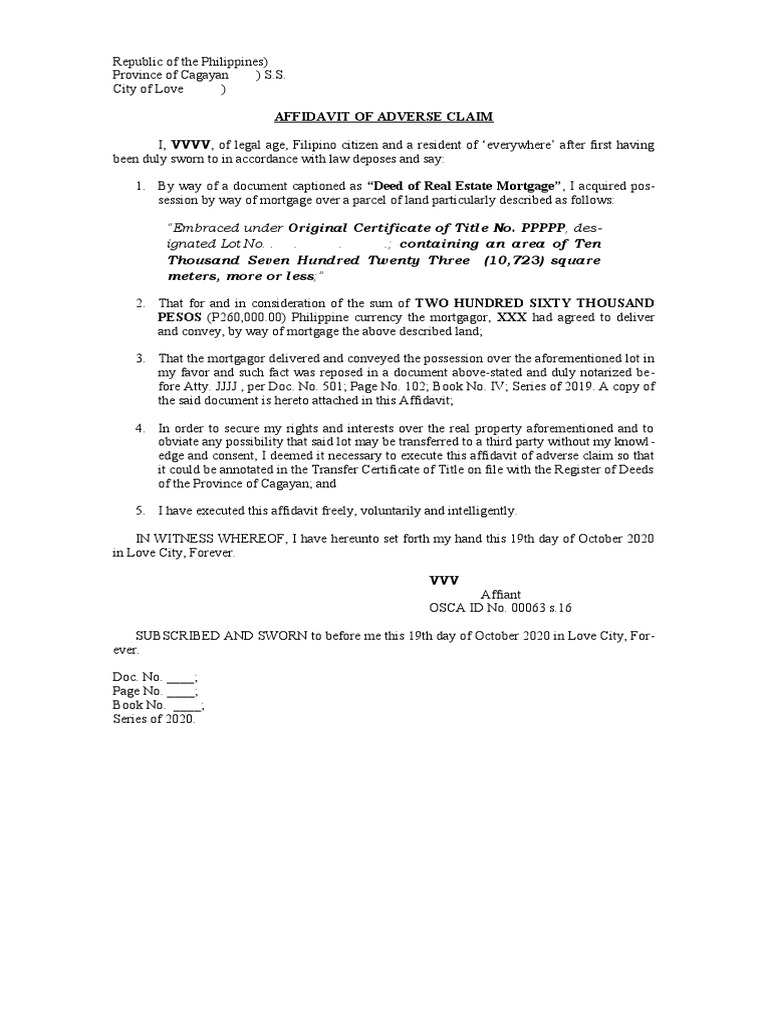Affidavit of Adverse Claim | PDF | Politics | Social Science