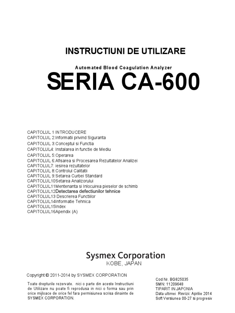 Manual Operare Sysmex CA-600 | PDF