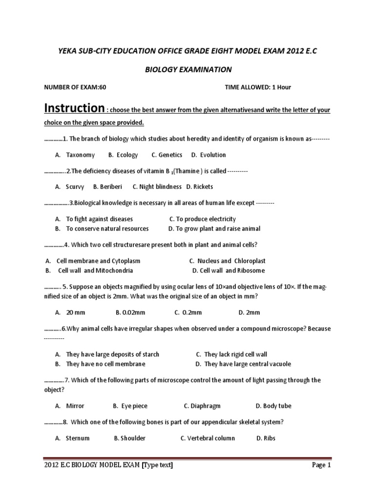 Biology Model Exam For Grade 8 | PDF | Tissue (Biology) | Cell (Biology)