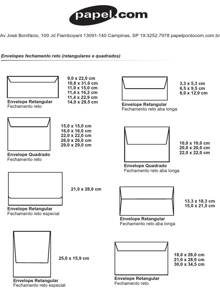 Catálogo de opções de envelopes com medidas, modelos e tipos de ...