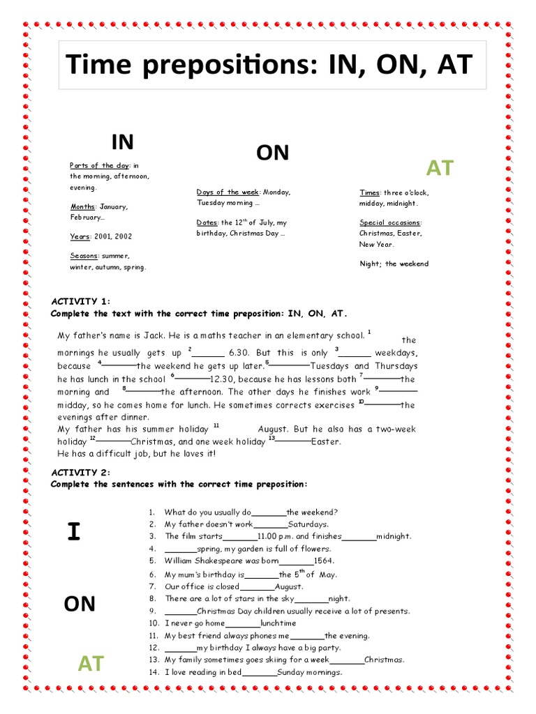 Time Prepositions Exercises Guide | PDF | Workweek And Weekend
