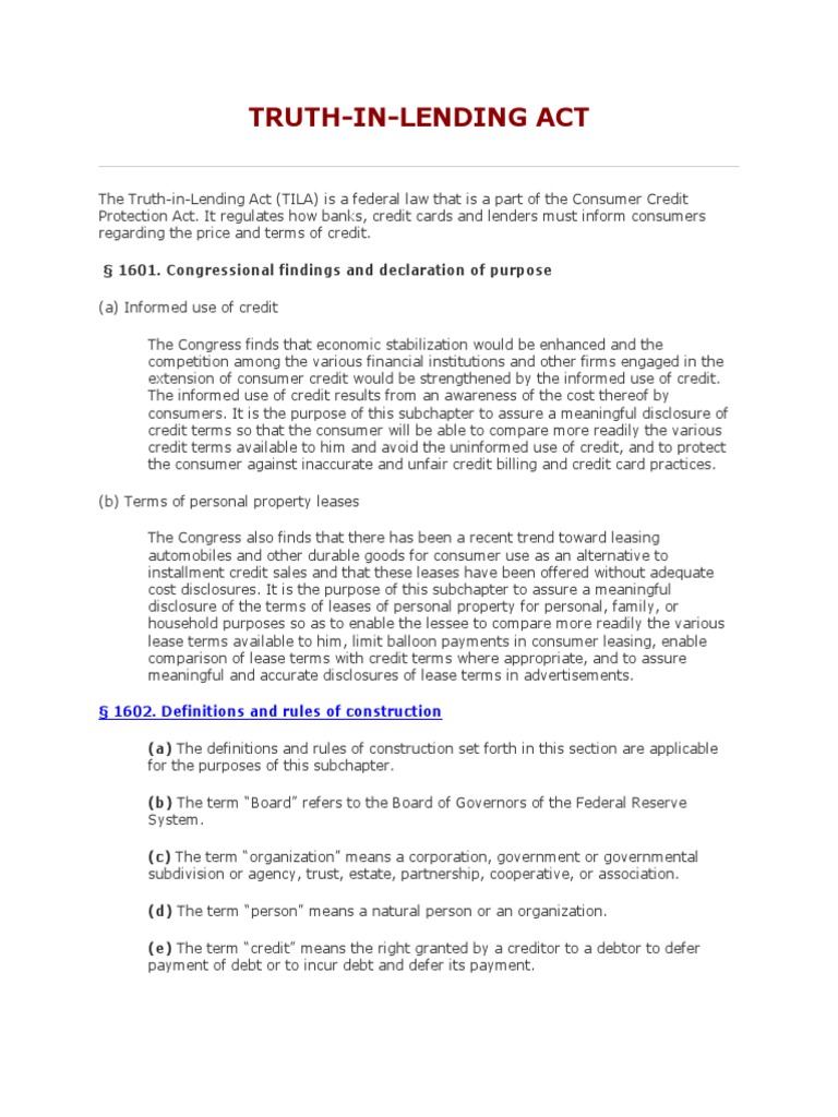 Truth-in-Lending Act Overview | PDF | Credit | Finance & Money Management