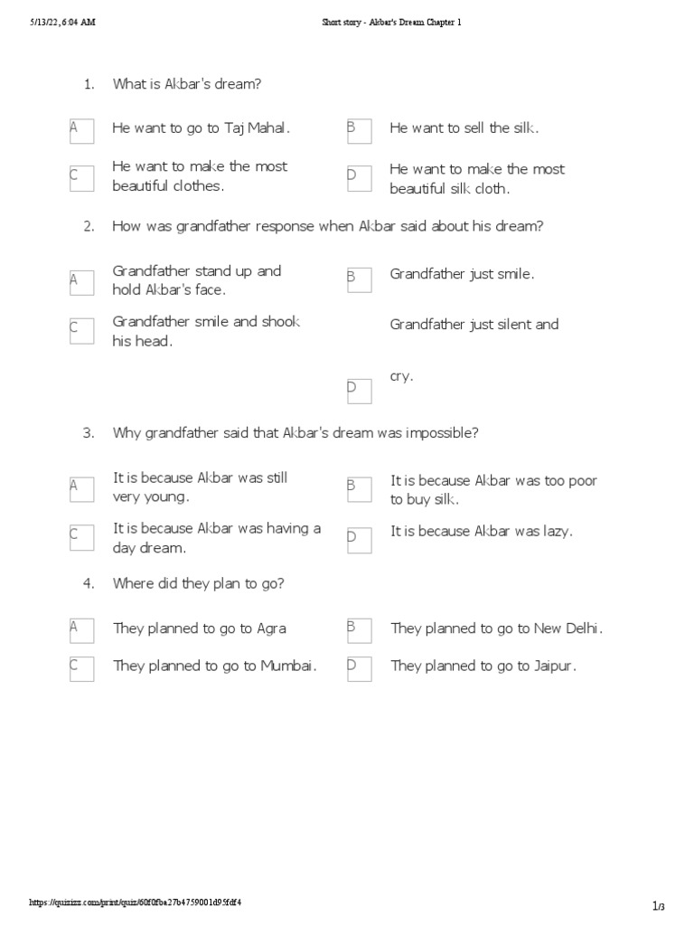 Short story - Akbar's Dream Chapter 1 Quiz | PDF | Market (Economics)