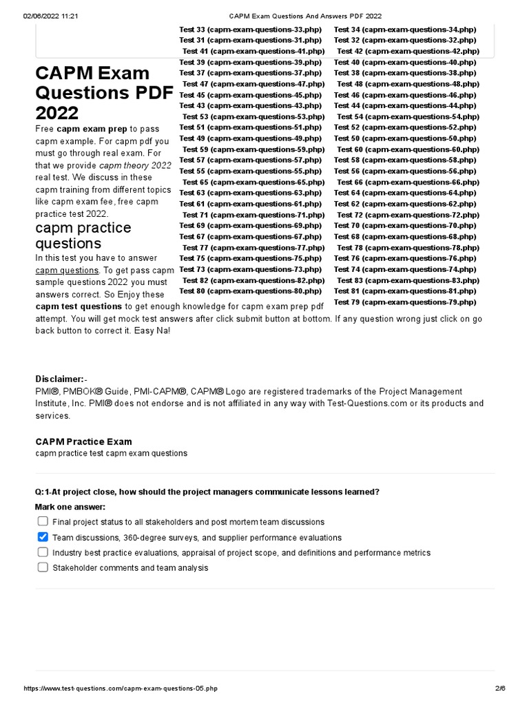 CAPM Exam Questions PDF 2022 | PDF | Test (Assessment) | Project Management
