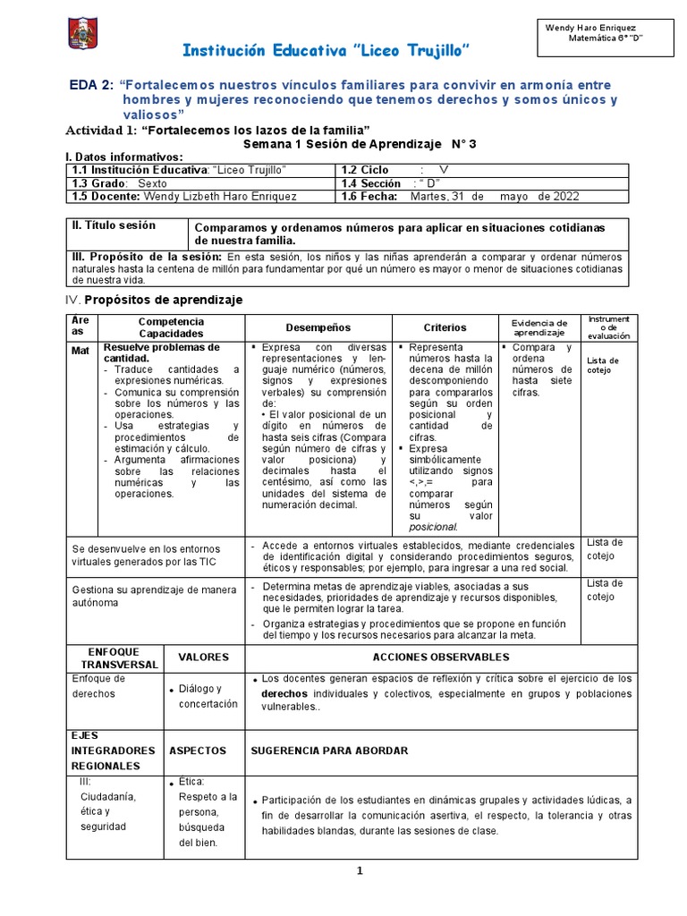 Comparando y ordenando números para fortalecer los vínculos familiares ...