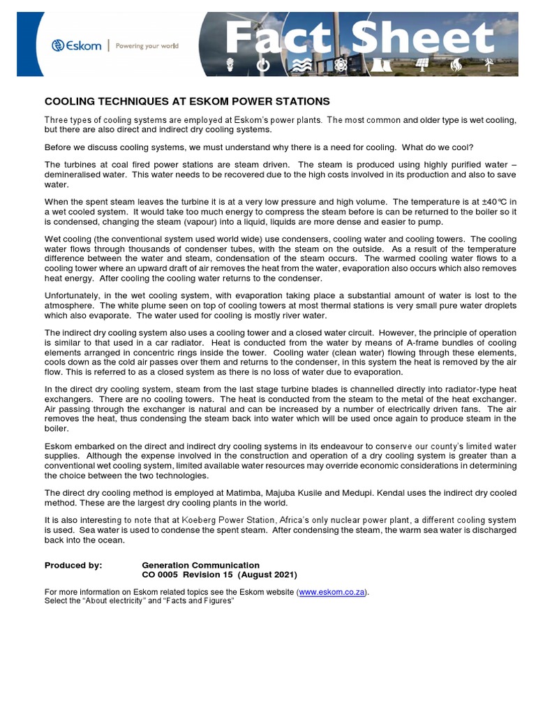 Eskom Power Station Cooling Systems | PDF | Steam | Water
