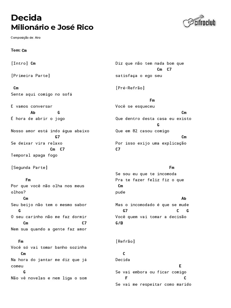 Cifra Club - Milionário e José Rico - Decida | PDF