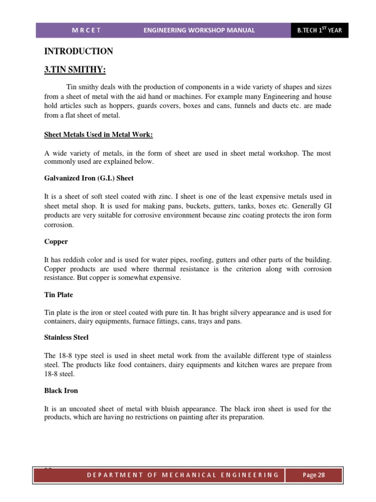 3.tin Smithy:: M R C E T Engineering Workshop Manual | PDF | Sheet Metal | Hammer