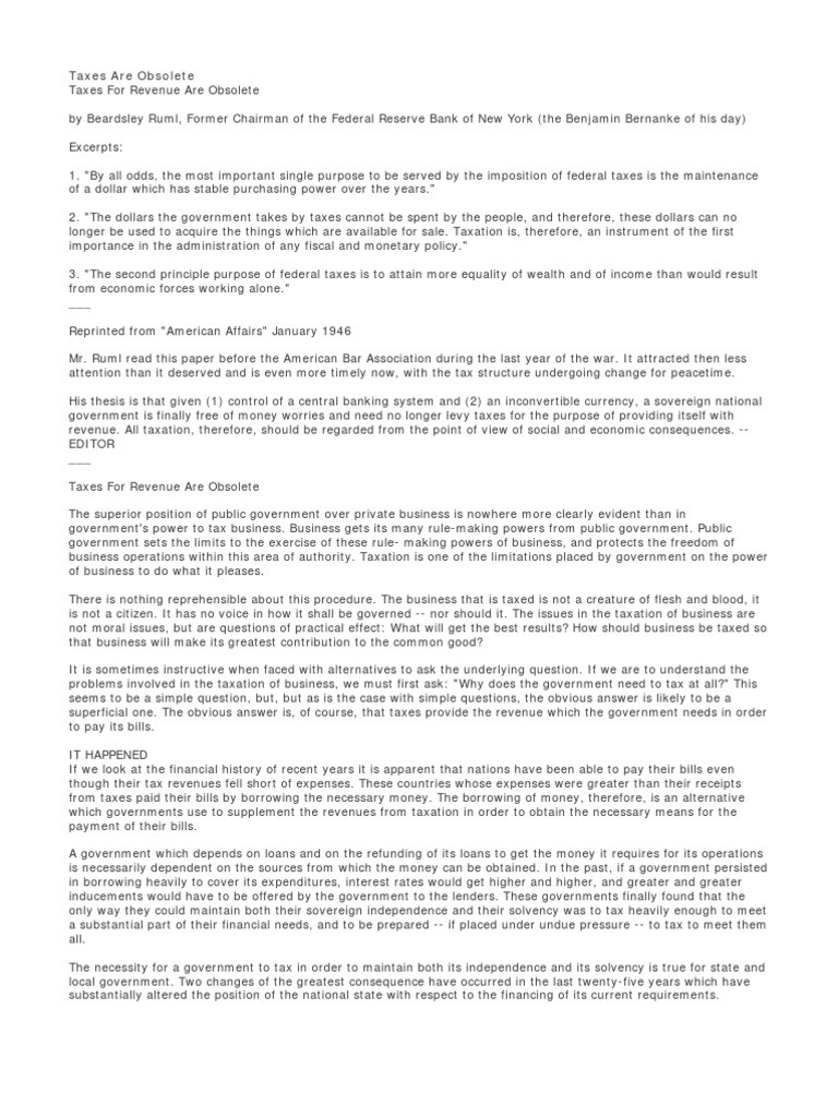 Taxes Are Obsolete by Beardsley Ruml, Former FED Chairman | PDF ...