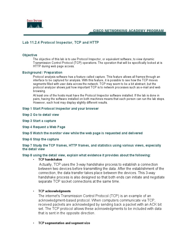 Lab 11.2.4 Protocol Inspector, TCP and HTTP | PDF | Transmission Control Protocol | Hypertext ...