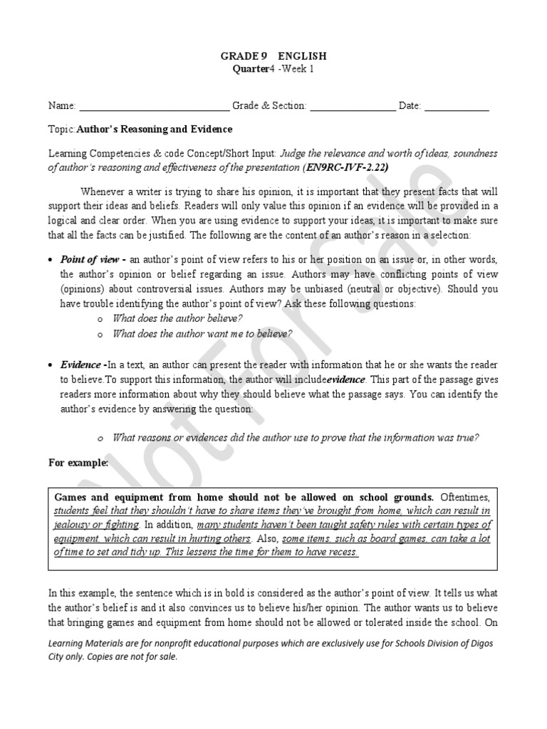 Grade 9 English Quarter4 - Week 1 | PDF | Evidence | Reason