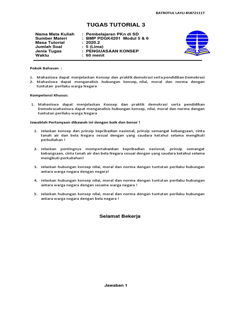 TUGAS TUTORIAL 3 Pembelajaran PKN Di SD | PDF