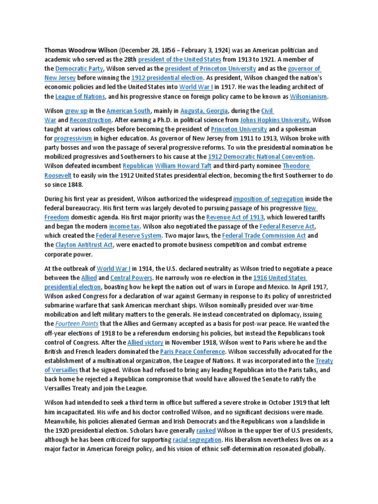 Thomas Woodrow Wilson | PDF | Woodrow Wilson | Federal Government Of ...