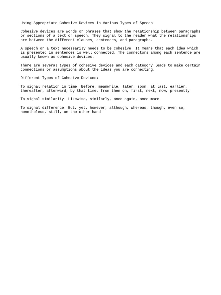 Using Appropriate Cohesive Devices in Various Types of Speech | PDF