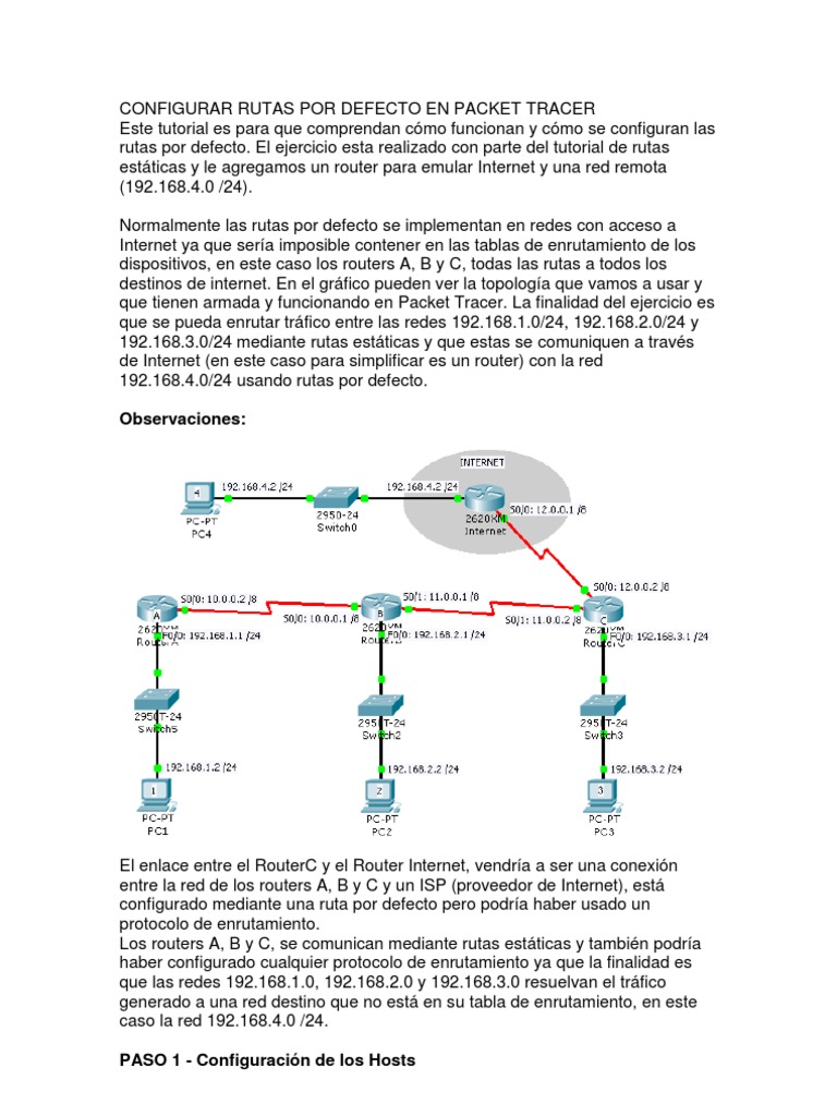 Configurar Rutas Por Defecto en Packet Tracer | PDF | Enrutador (Computación) | Gateway ...