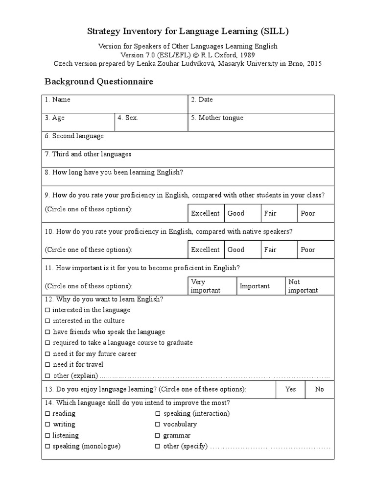 Strategy Inventory For Language Learning (SILL) | PDF | English As A ...