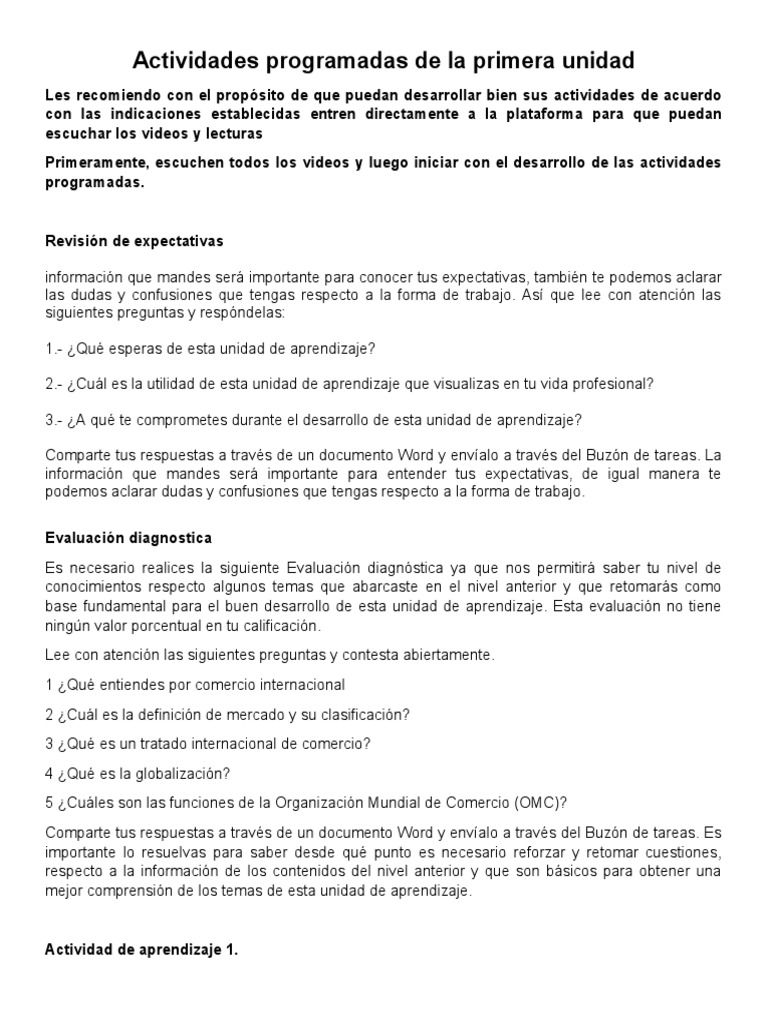 Actividades Programadas de La 1ra., Unidad. | PDF | Logística | El comercio internacional